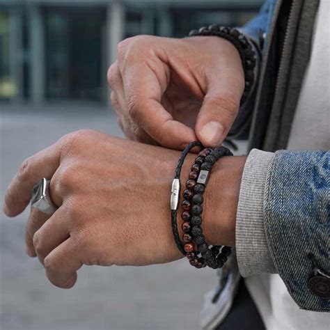 Red Tigers Eye And Black Lava Rock And Leather Cord Bracelet Set In