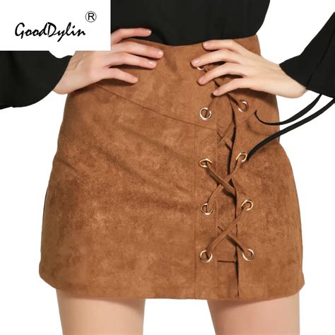 Autumn Lace Up Suede Leather Women Skirt Vintage Khaki Preppy Short