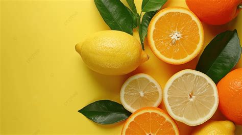 Composition Of Citrus Fruit Orange And Lemon On Yellow Background