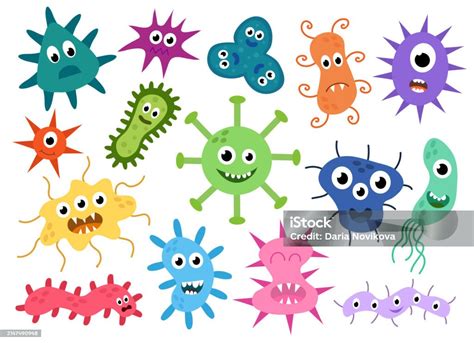 귀여운 만화 캐릭터 바이러스 박테리아 미생물 세균 세트 다채롭고 다양한 모양의 미생물학 유기체 감정을 표현하는 마스코트 평면 디자인의 벡터 어린이 그림입니다 몬스터에 대한