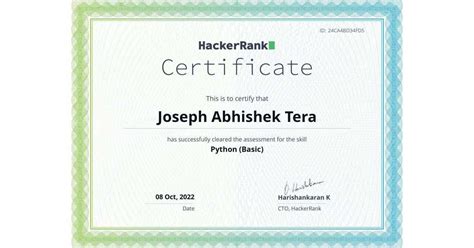 Joseph Abhishek Tera On Linkedin Hackerrank Skill Certificate
