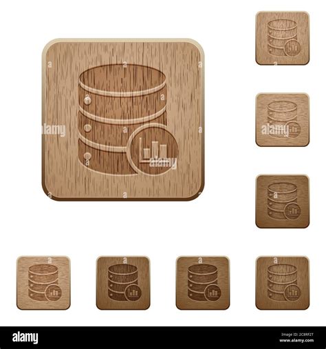 set of carved wooden database statistics buttons in 8 variations stock