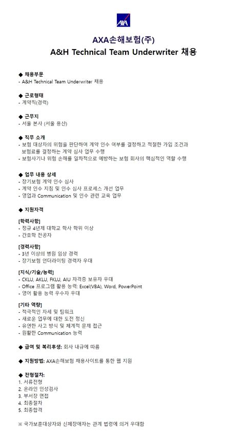 Axa손해보험 채용공고 Aandh Technical Team Underwriter 채용 2022년 채용