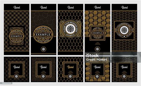 디자인 요소 라벨 아이콘 프레임 포장 고급 제품의 디자인의 벡터 세트 황금 호일로 만들었습니다 향수 로션 와인 차 커피 금과 기하학적 배경에 격리 0명에 대한 스톡 벡터