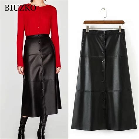 Women Button Long Pu Leather Femme Black Maxi Skirt Mid Waist Ladies