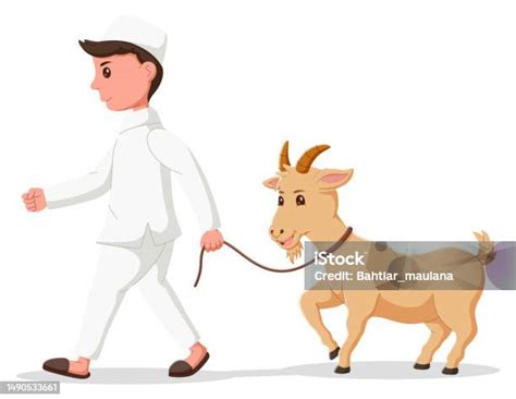 염소 만화를 가진 귀여운 이슬람 소년 손으로 그린 이드 알 아드하 소년과 염소 삽화 이드 알 아다 무바라크 캐릭터 벡터 그림 Eid Mubarak에 대한 스톡 벡터 아트 및