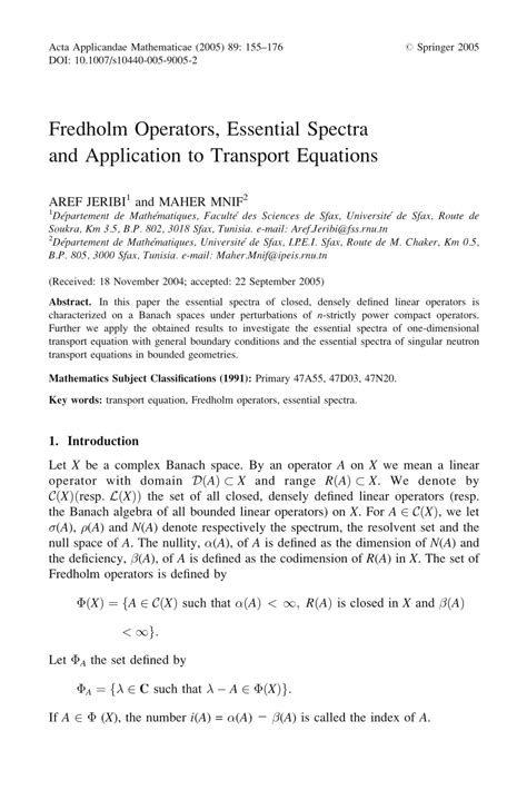 Pdf Fredholm Operators Essential Spectra And Application To