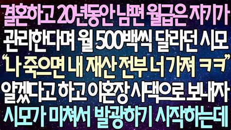 반전 사연 결혼하고 20년 동안 남편 월급은 자기가 관리한다며 월 500백씩 달라던 시모 알겠다고 하고 이혼장 시댁으로 보내자 시모가 미쳐서 발광하기 시작하는데 사이다