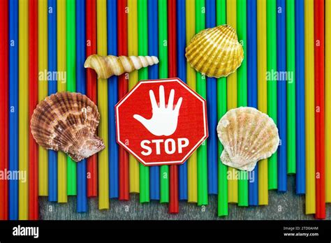 Plastic Straws With Stop Sign Shells And Snail Shells From The Sea