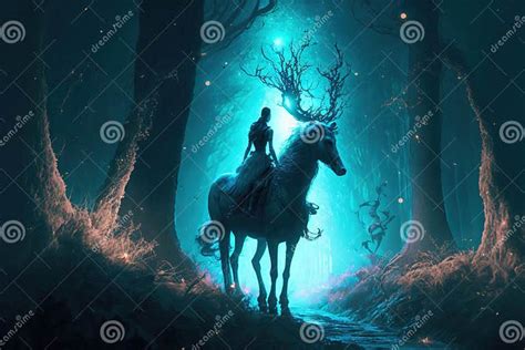 Night Fantasy Image Of Mystic Woman Riding Deer In Magical Forest