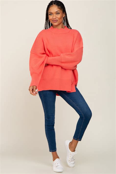 Coral Mock Neck Exposed Seam Sweater Pinkblush