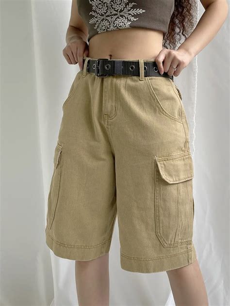 Khaki Cargo Pants High Waist Baggy Pocket Patchwork Knee Length Shorts