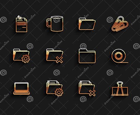 Set Line Laptop Folder Settings With Gears Note Paper Pinned
