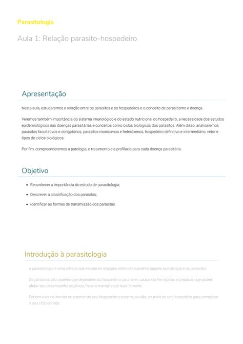 1 Relação Parasito Hospedeiro Parasitologia Aula 1 Relação Parasito