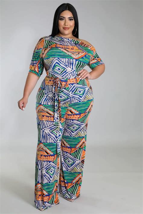 Off The Shoulder Printed Plus Size Wide Leg Jumpsuit Plus Size