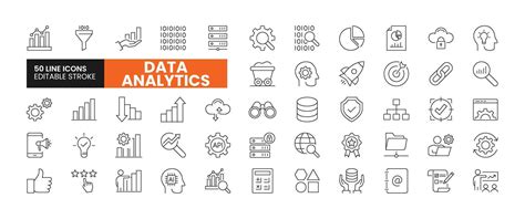set of 50 data analytics line icons set data analytics outline icons with editable stroke