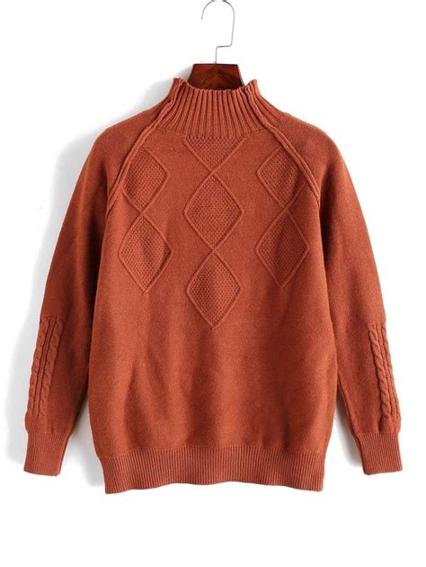 Raglan Sleeve Mock Neck Cable Knit Sweater Light Brown Affiliate