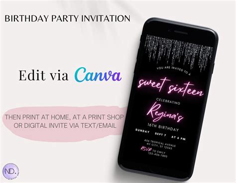 Editable Sweet 16 Party Invitation Pink Neon Lights 16th Birthday