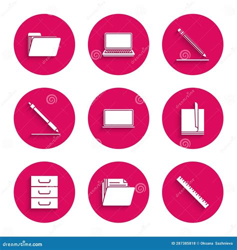 Set Laptop Document Folder Ruler File Document Drawer With Documents Pen Line Pencil