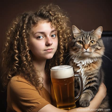 Curly Haired Woman With Cat And Beer Stable Diffusion Online