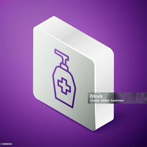 보라색 배경에 분리 된 디스펜서 아이콘이있는 액체 항균 비누의 등색 라인 병 살 균 소독 위생 스킨 케어 실버 스퀘어 버튼 벡터 건강관리와 의술에 대한 스톡 벡터 아트 및