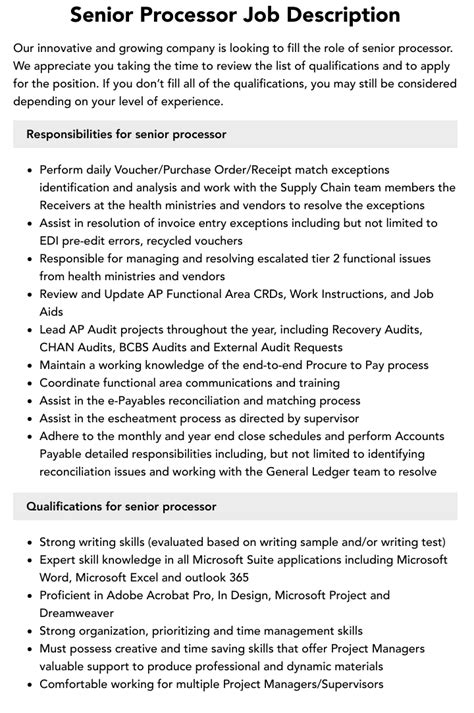 Senior Processor Job Description Velvet Jobs