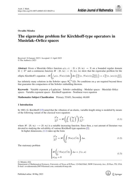 Pdf The Eigenvalue Problem For Kirchhoff Type Operators In Musielakorlicz Spaces