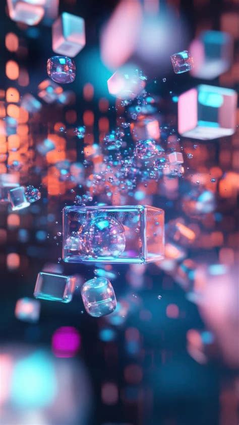 Floating Cubes And Spheres Abstract Neon Light Show Stock Illustration