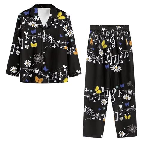 Netilgen Music Notes And Daisy Butterflies Casual Pj Set For Women Button
