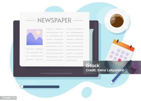 뉴스 온라인 및 디지털 인터넷 일간 신문 접힌 웹 사이트 또는 잡지 디지털 태블릿 컴퓨터 와 직장 테이블 데스크 벡터 평면 위의 커피 휴식 현대 디자인에서 읽기 를