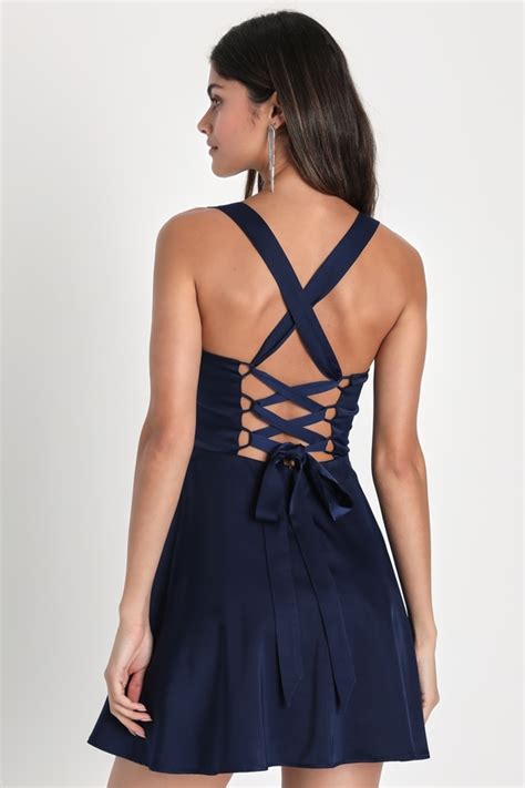 Navy Blue Sleeveless Dress Satin Dress Lace Up Mini Dress Lulus