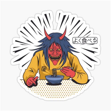 Funny Red Horned Oni Yokai Devil Eating Ramen Eat Well よく食べる Sticker