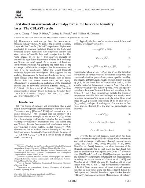 Pdf First Direct Measurements Of Enthalpy Flux In The Hurricane