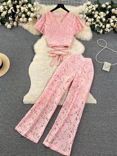 Singreiny High Street Women Lace Slim Two Pieces Suits Summer Lace Up