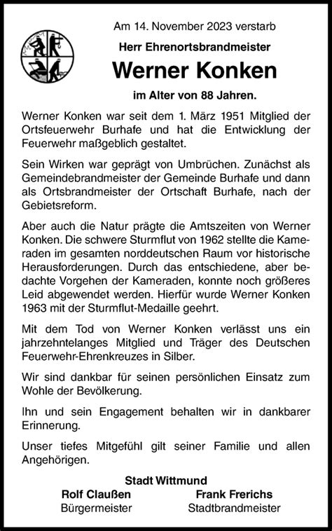 Traueranzeigen Von Werner Konken Nordwest Trauer De