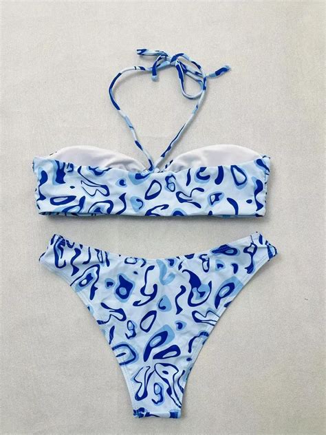 Ring Link Halter Tie Neck Bikini High Stretch Blue Random Temu Canada