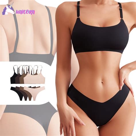 New Ice Silk Women Seamless Bra Set Sexy Thong Low Waist Panties Wire