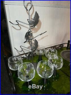 Vtg Austria Etched Glass Wine Aerator Dispenser Wrought Iron Metal