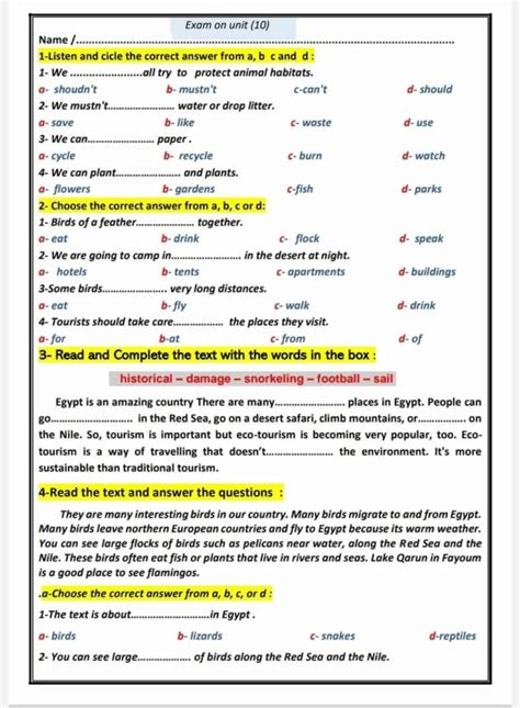 امتحان الوحدة العاشرة انجليزي الصف السادس ترم ثاني 2024 Pdf