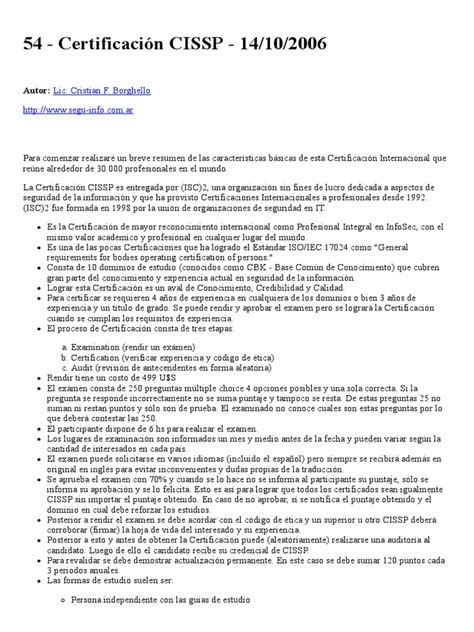 Seguridad Informática Certificación Cissp Pdf Prueba Evaluación