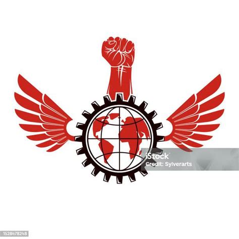 벡터 일러스트 레이 션 쥔된 주먹과 지구 지구 발생 산업 장비와 함께 구성 됩니다 프롤레타리아 지도자 추상적인 벡터 일러스트 사회 혁명 개념 Championship에 대한