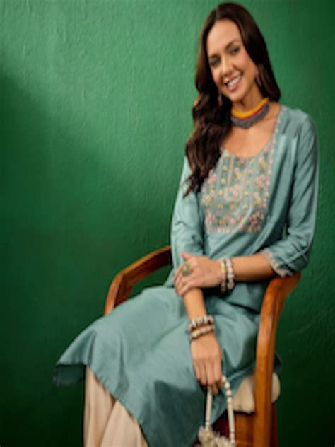 Buy Sangria Ethnic Motifs Yoke Design Sequined Thread Work Satin Kurta