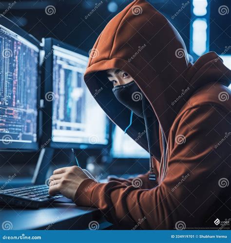 Hacker In Black Hood And Computer Hacking System At The Office Hacker In Black Hood And Computer