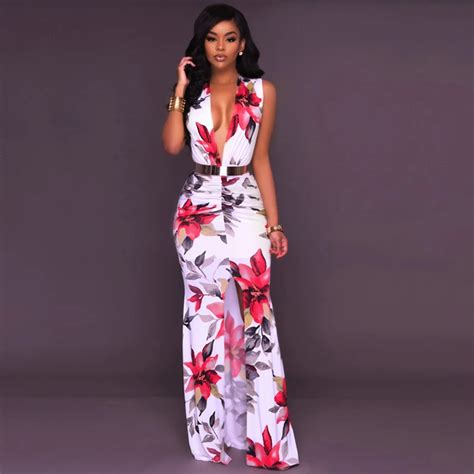 Sexy Floral Print Dress Women Deep V Neck Pleated Stretch Split Maxi