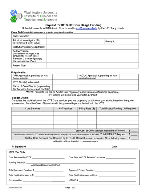 Fillable Online Icts Wustl Request For Icts Jit Core Usage Funding Fax