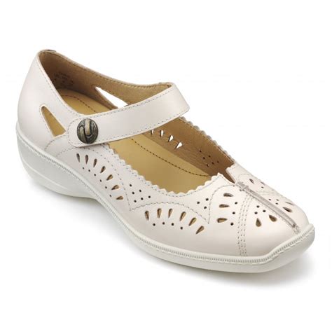 Hotter Chile Extra Wide Soft Beige Leather Mary Jane Velcro Shoes