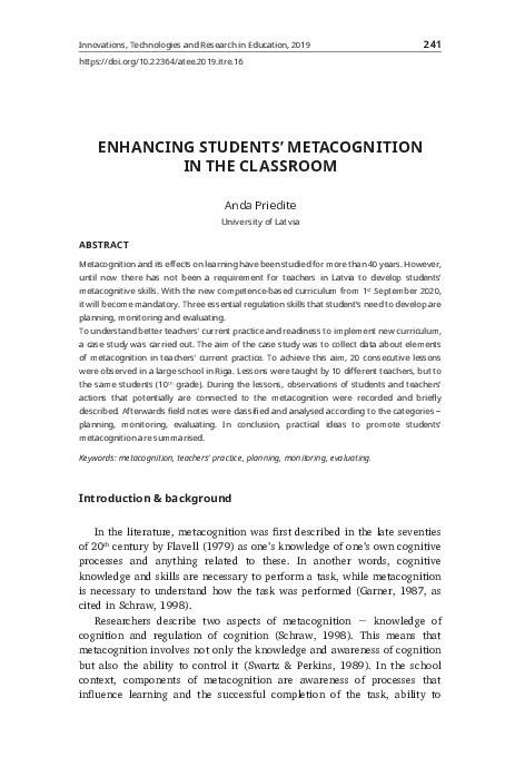 Pdf Enhancing Students Metacognition In The Classroom