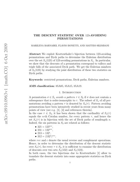 pdf the descent statistic over 123 avoiding permutations