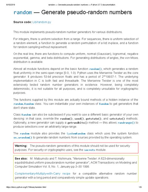 Reference Random Python Random Random — Generate Pseudo Random Numbers Source Code Lib