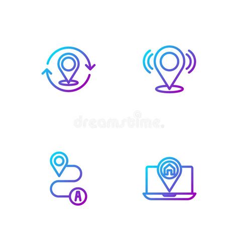 Set Line City Map Navigation Route Location Map Pin And Gradient Color Icons Vector Stock